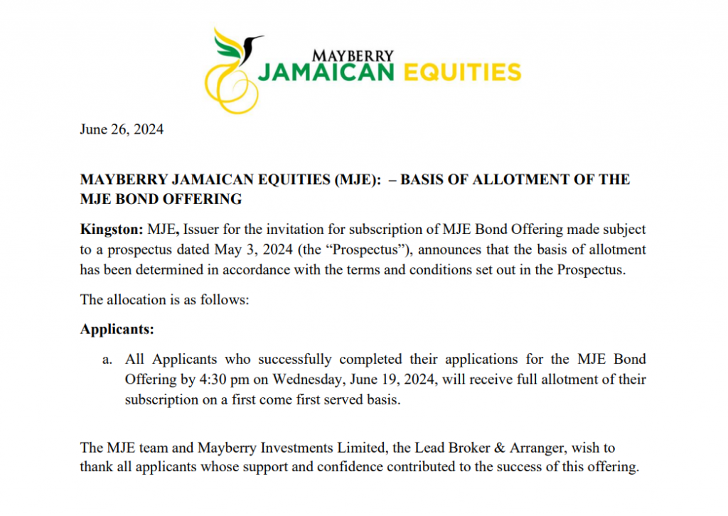 Mayberry Jamaican Equities (MJE) – Basis of Allotment – Mayberry ...